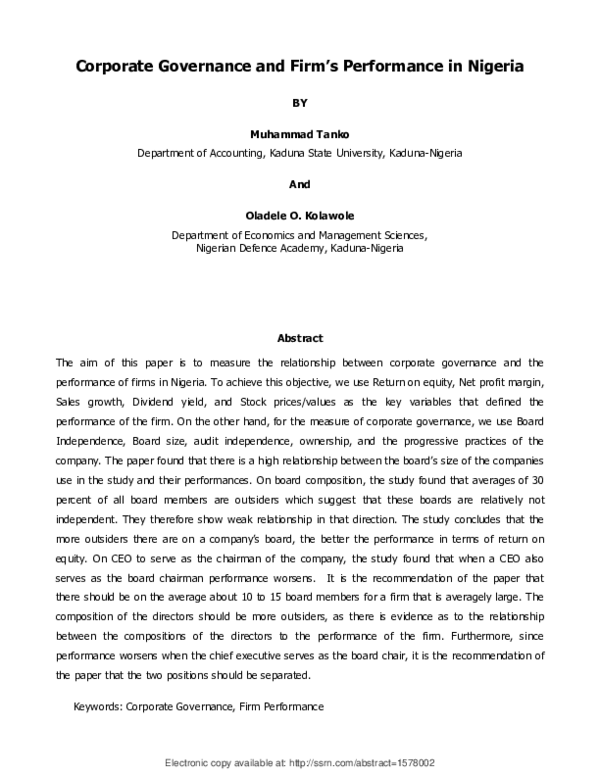 (PDF) Corporate Governance and Firms' Performance in Nigeria