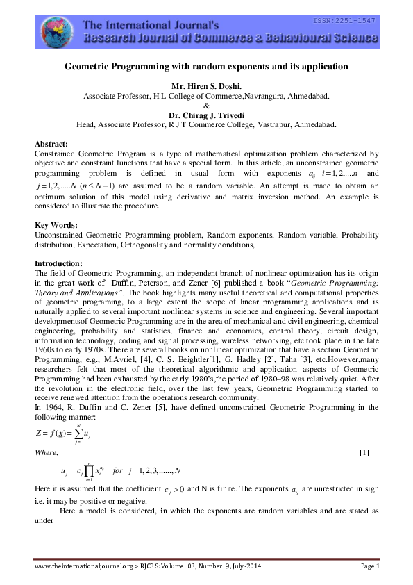 (PDF) Geometric Programming with random exponents And its application