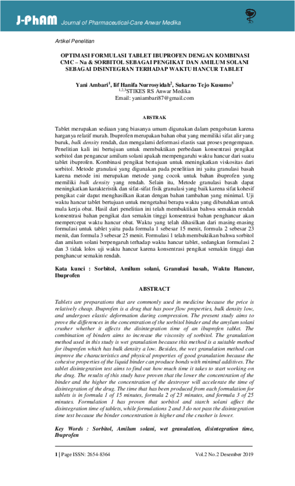(PDF) OPTIMASI FORMULASI TABLET IBUPROFEN DENGAN KOMBINASI CMC – Na ...