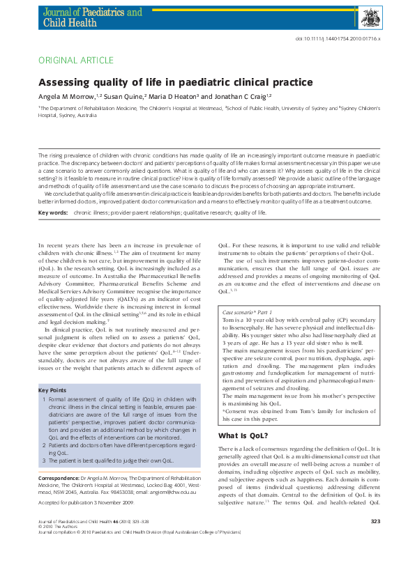 (PDF) Assessing quality of life in paediatric clinical practice