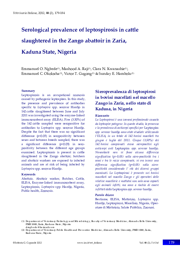 (PDF) Serological prevalence of leptospirosis in cattle slaughtered in ...