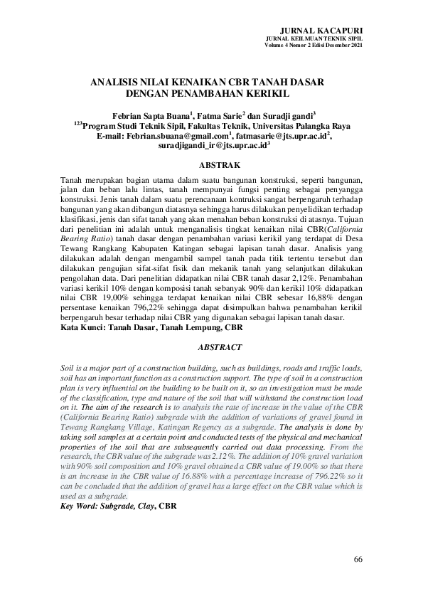 (PDF) Analisis Nilai Kenaikan CBR Tanah Dasar Dengan Penambahan Kerikil