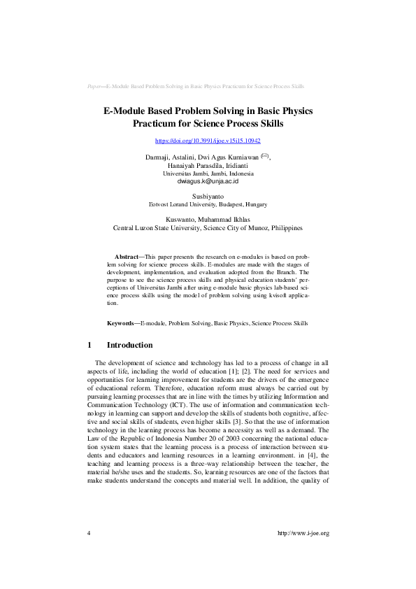 (PDF) E-Module Based Problem Solving in Basic Physics Practicum for Science Process Skills