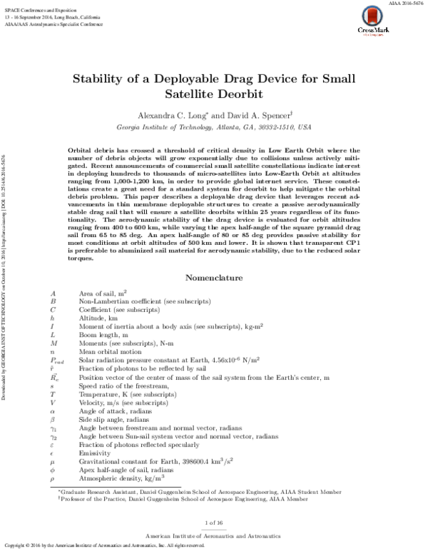 (PDF) Stability for a Deployable Drag Device for Small Satellite ...