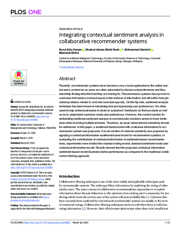 (PDF) Integrating contextual sentiment analysis in collaborative recommender systems