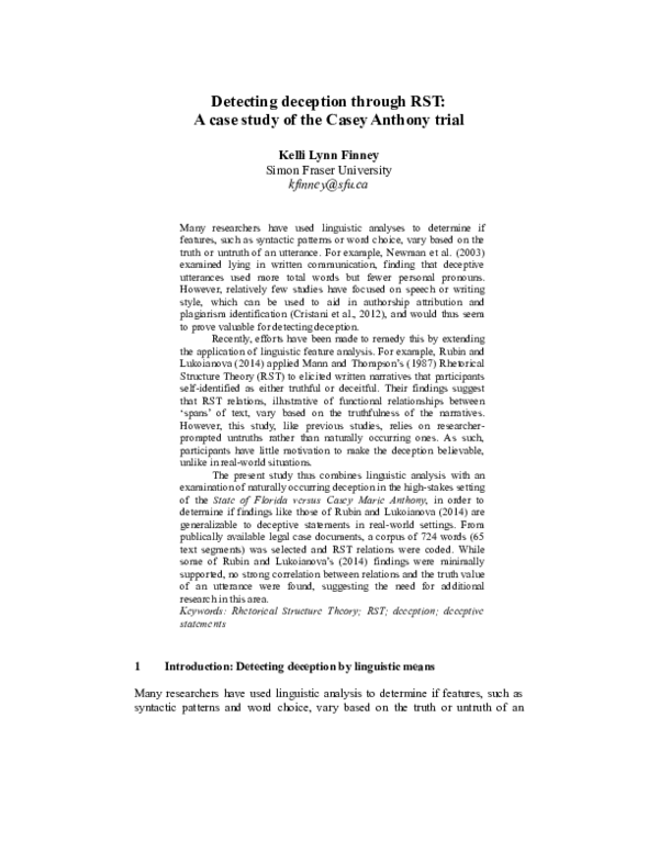 (PDF) Detecting deception through RST: A case study of the Casey Anthony trial