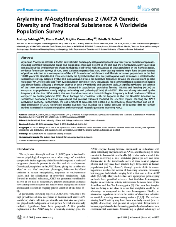(PDF) Arylamine N-Acetyltransferase 2 (NAT2) Genetic Diversity and ...