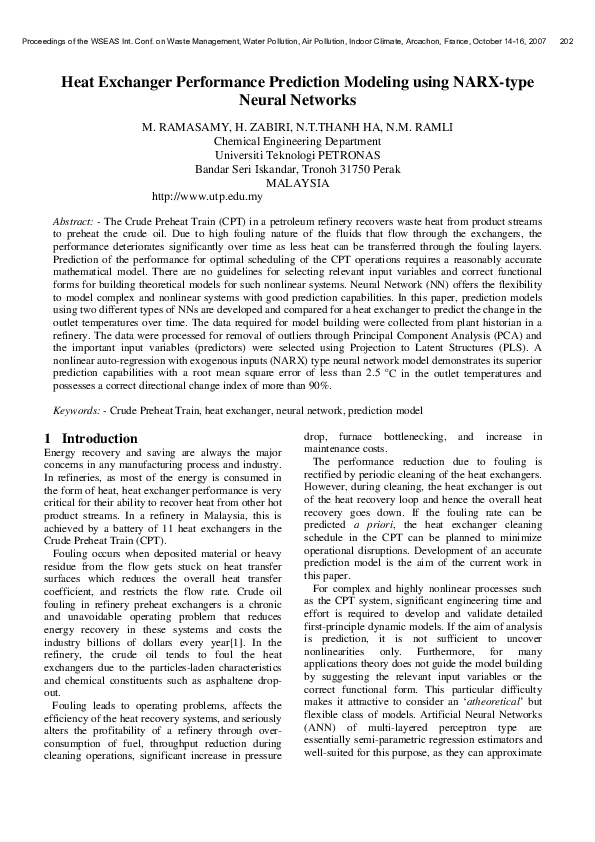 (PDF) Heat Exchanger Performance Prediction Modeling using NARX-type Neural Networks