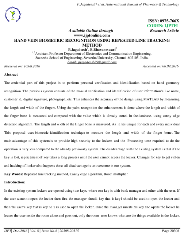 (PDF) Hand Vein Biometric Recognition Using Repeated Line Tracking Method