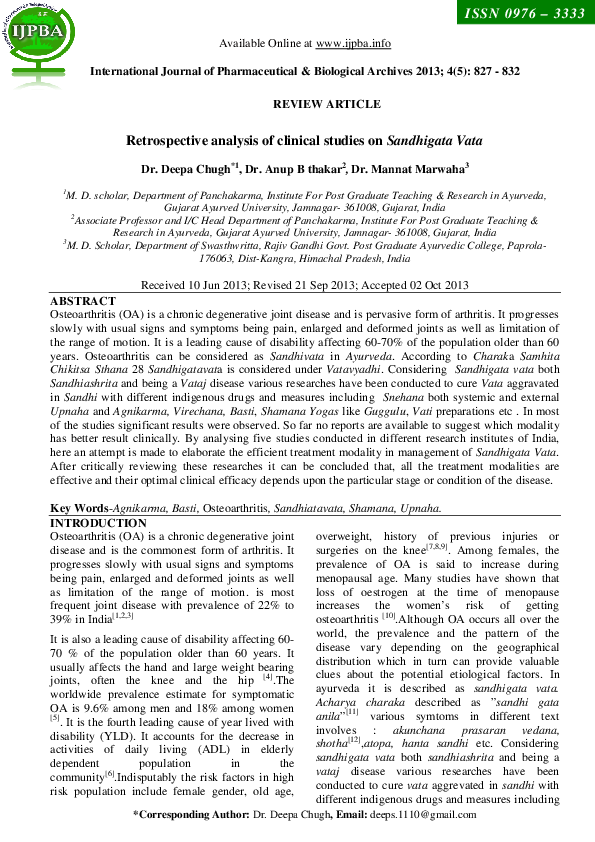 (PDF) Retrospective analysis of clinical studies on Sandhigata Vata