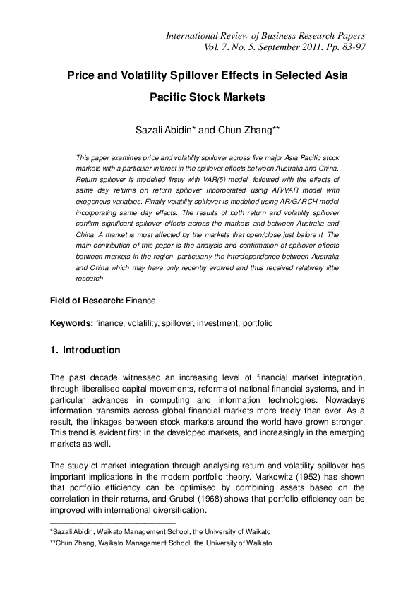 (PDF) Price and Volatility Spillover Effects in Selected Asia Pacific ... (PDF) Price and Volatility Spillover Effects in Selected Asia Pacific ...