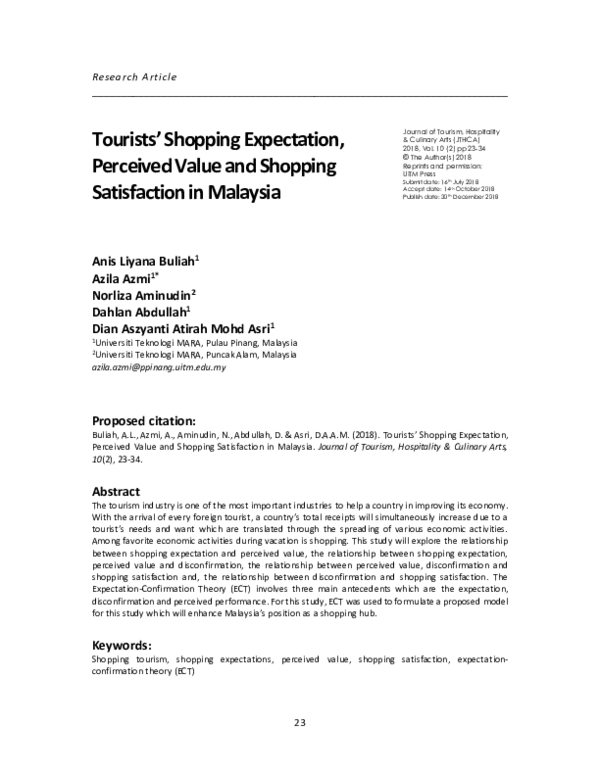 (PDF) Tourists’ Shopping Expectation, Perceived Value and Shopping Satisfaction in Malaysia ...