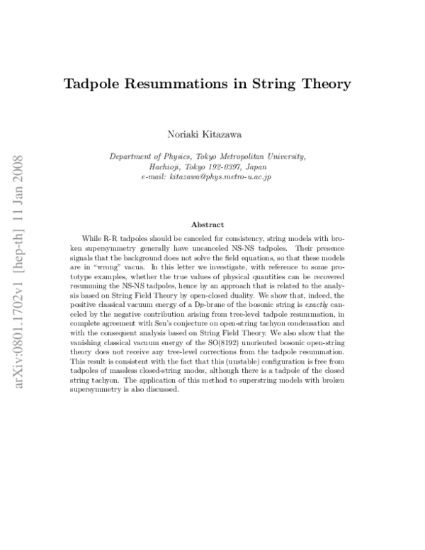 (PDF) Tadpole resummations in string theory