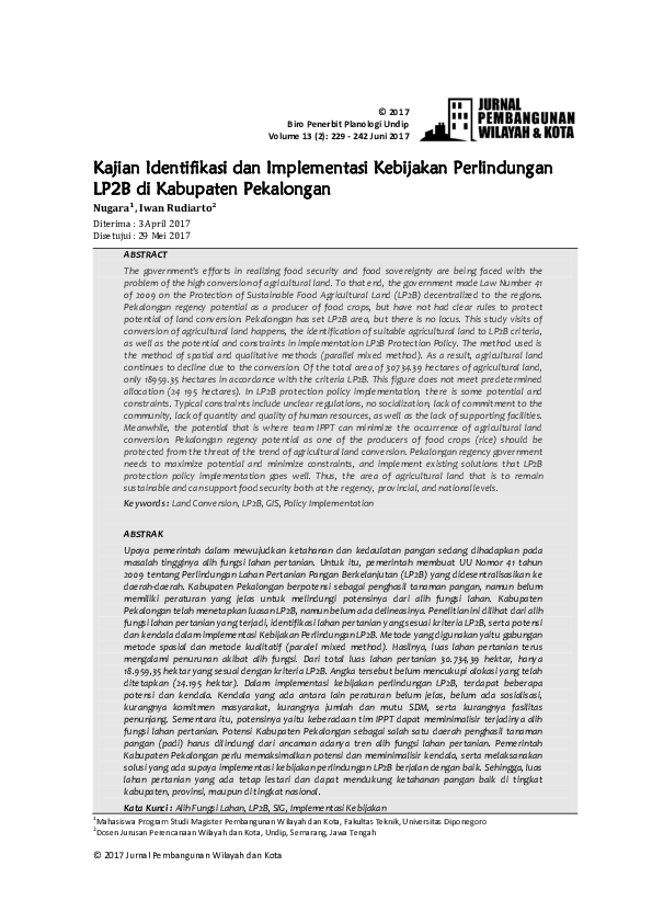 (PDF) Kajian Identifikasi dan Implementasi Kebijakan Perlindungan LP2B di Kabupaten Pekalongan