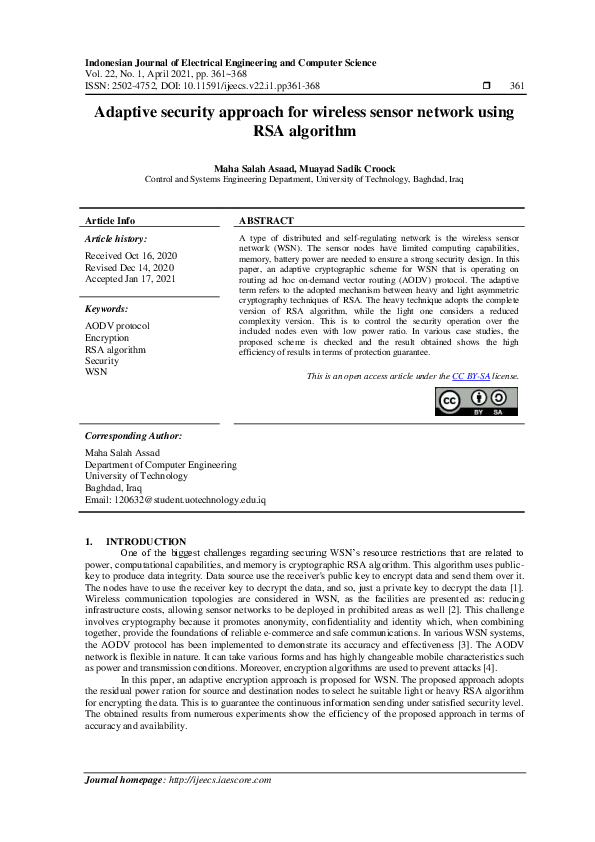 Pdf Adaptive Security Approach For Wireless Sensor Network Using Rsa Algorithm