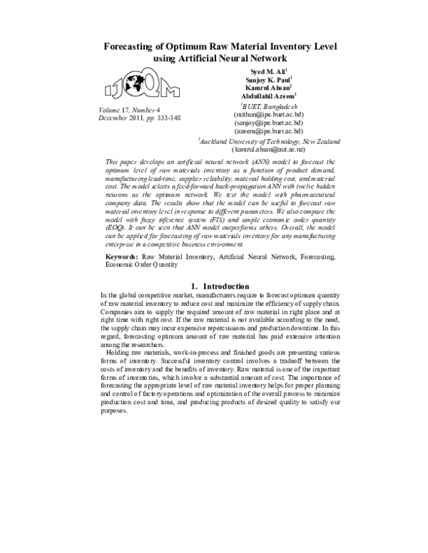 (PDF) Forecasting of Optimum Raw Material Inventory Level using ...