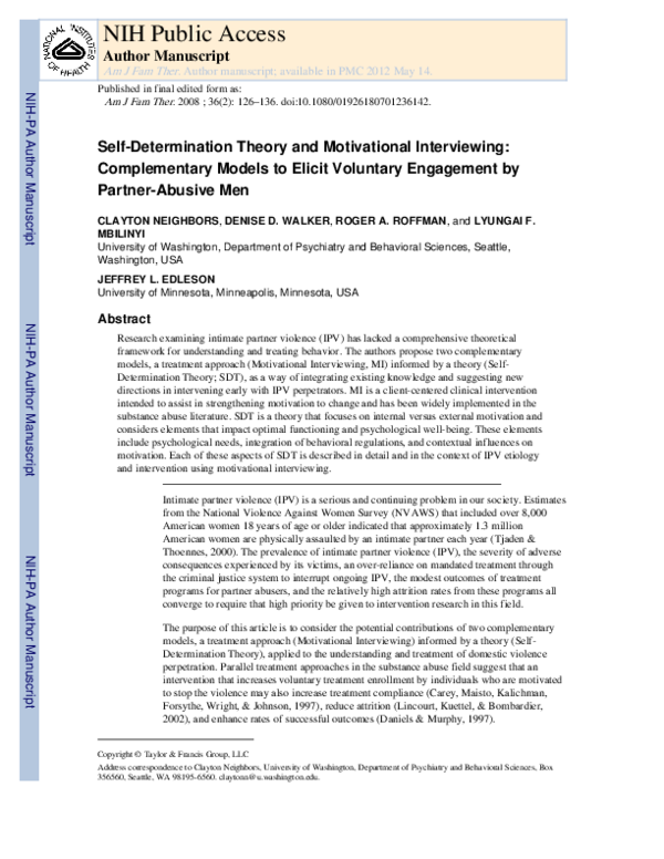 (PDF) Self-Determination Theory and Motivational Interviewing: Complementary Models to Elicit ...