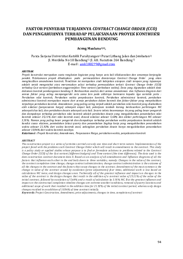 (PDF) Faktor Penyebab Terjadinya Contract Change Order (Cco) Dan ...