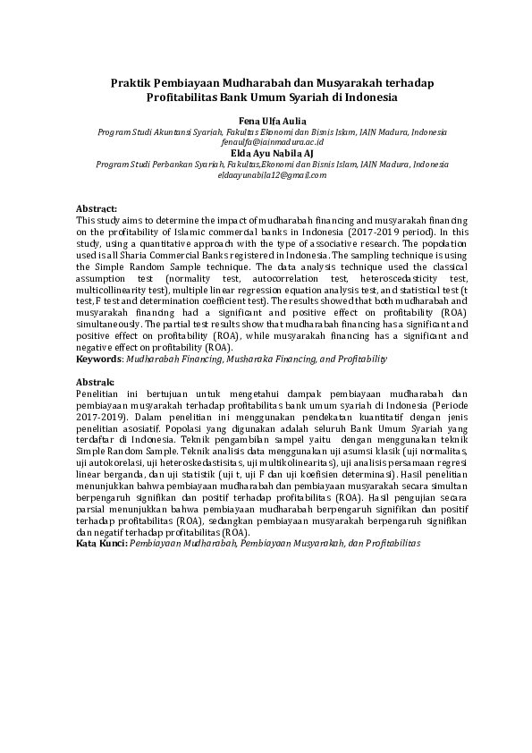 (PDF) Praktik Pembiayaan Mudharabah dan Musyarakah terhadap Profitabilitas Bank Umum Syariah di ...