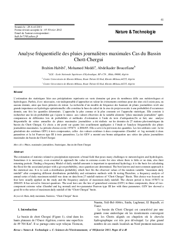 (PDF) Analyse fréquentielle des pluies journalières maximales Cas du ...