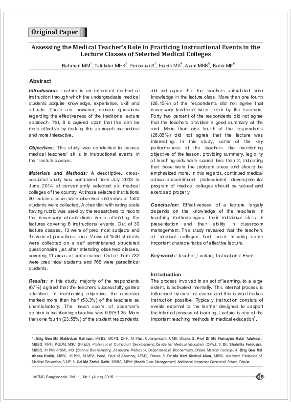 (PDF) Assessing the Medical Teacher’s Role in Practicing Instructional Events in the Lecture ...