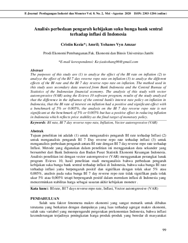 (PDF) Analisis perbedaan pengaruh kebijakan suku bunga bank sentral terhadap inflasi di Indonesia
