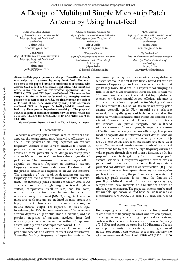 (PDF) A Design of Multiband Simple Microstrip Patch Antenna by Using Inset-feed