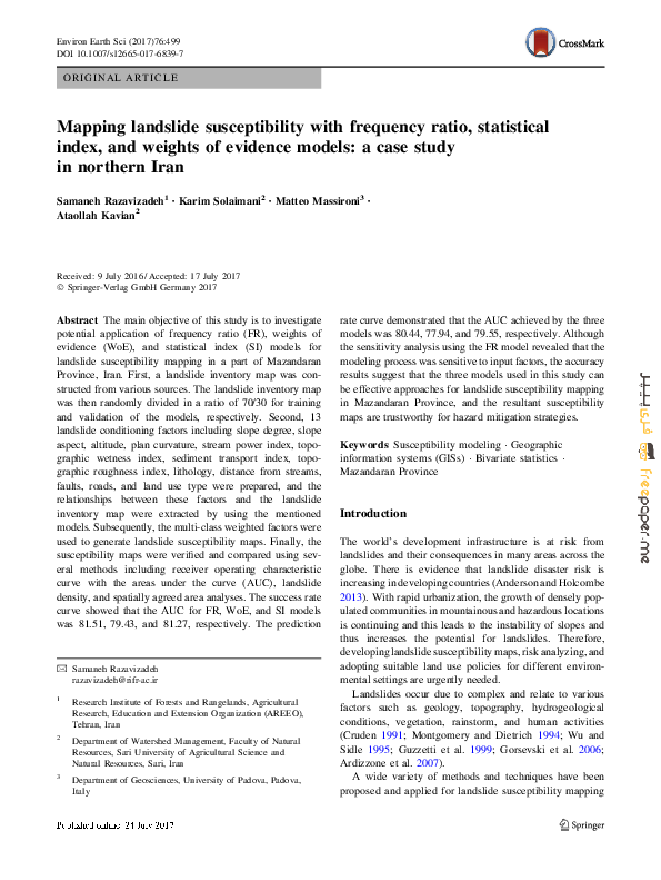 (PDF) Mapping landslide susceptibility with frequency ratio, statistical index, and weights of ...