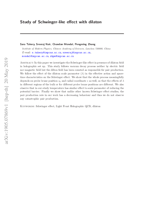 (PDF) Study of Schwinger-like effect with dilaton