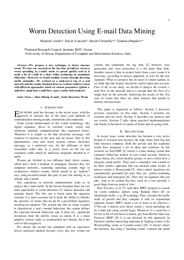(PDF) Worm detection using e-mail data mining | Maurizio Aiello - Academia.edu