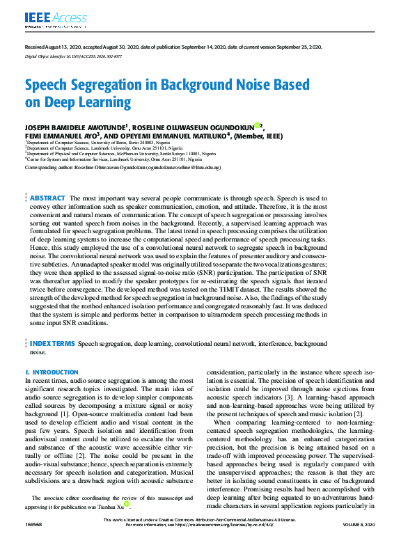 (PDF) Speech Segregation in Background Noise Based on Deep Learning
