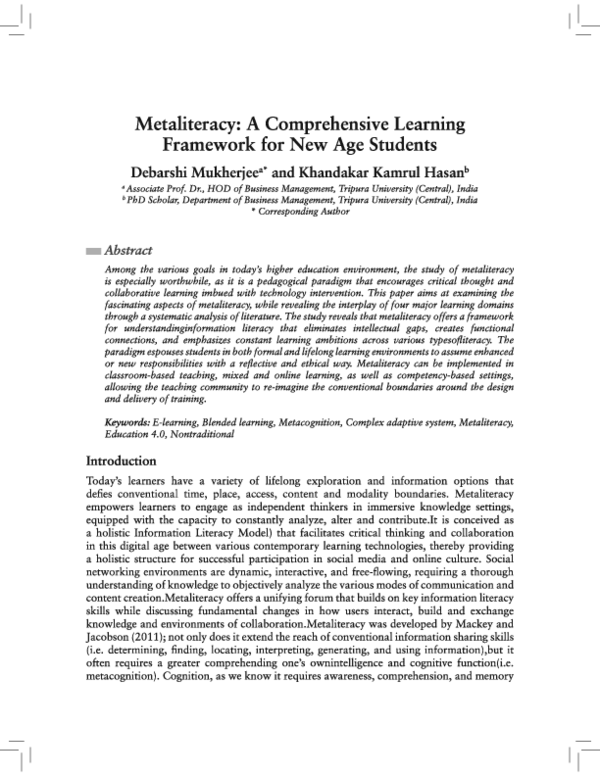 (PDF) Metaliteracy: A Comprehensive Learning Framework for New Age Students