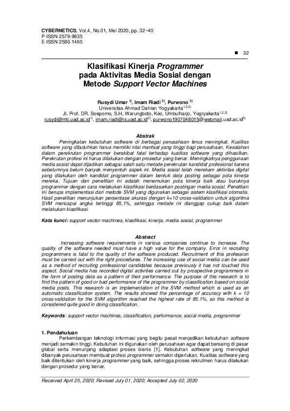 (PDF) Klasifikasi Kinerja Programmer pada Aktivitas Media Sosial dengan Metode Support Vector ...