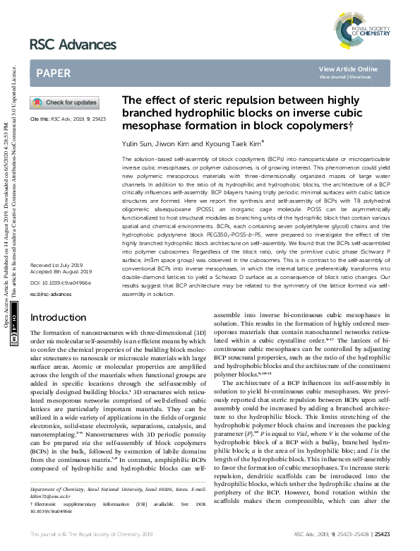 (PDF) Solution Self-Assembly of Block Copolymers Containing a Branched Hydrophilic Block into ...