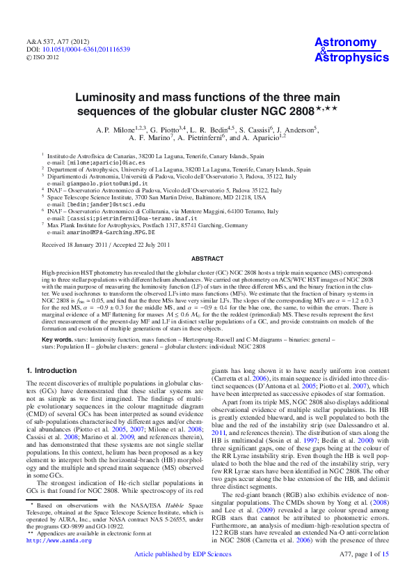 (PDF) Luminosity and mass functions of the three main sequences of the globular cluster NGC 2808 ...