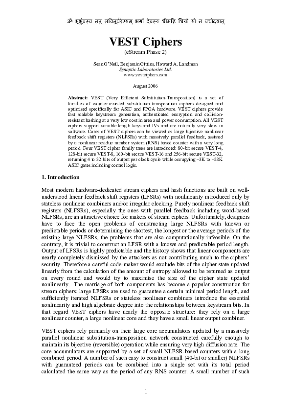 (PDF) 1. Introduction VEST Ciphers (eStream Phase 2)