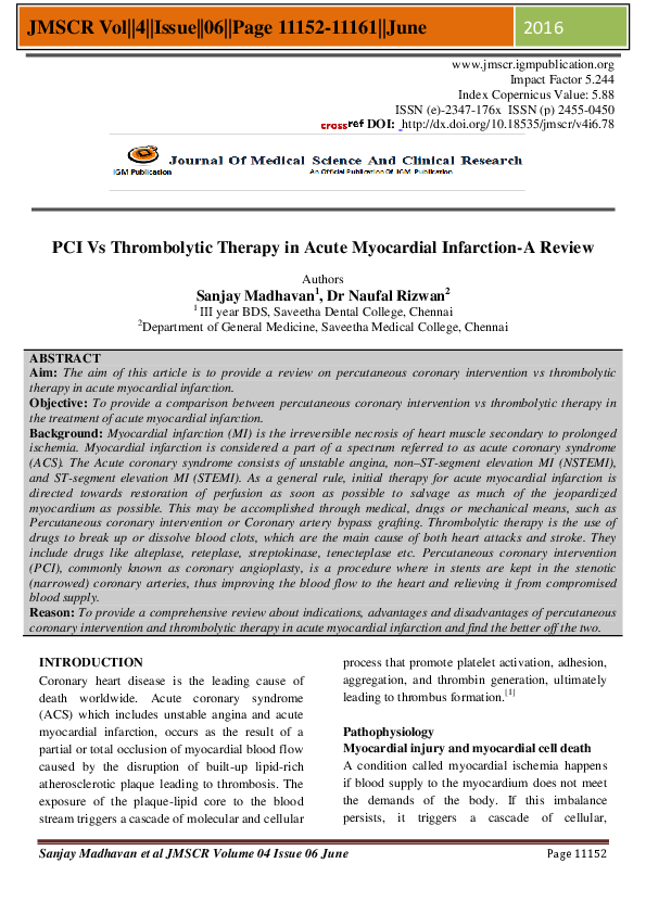 (PDF) PCI vs Thrombolytic Therapy in Heart Attacks