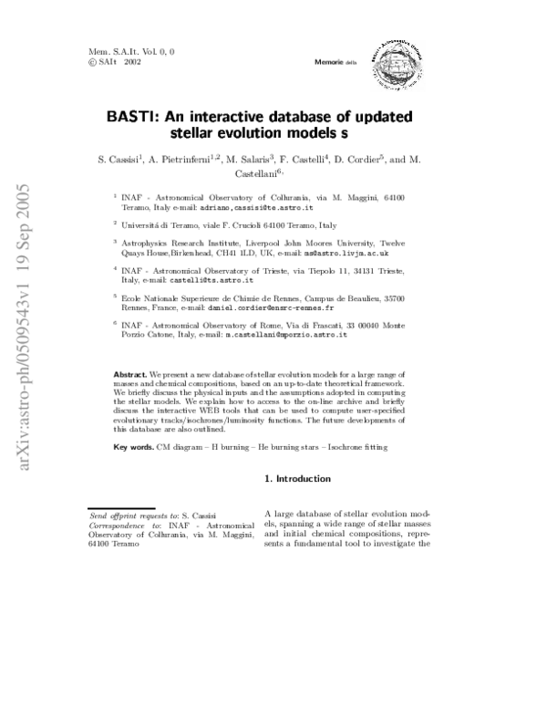 (PDF) BASTI: an interactive database of updated stellar evolution models