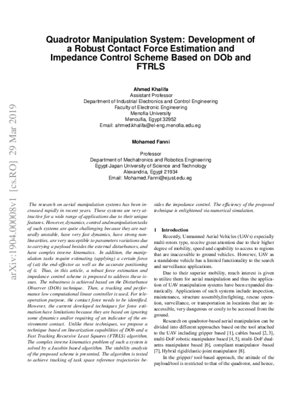 (PDF) Quadrotor Manipulation System: Development of a Robust Contact Force Estimation and ...