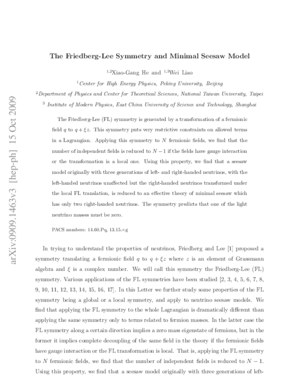 (PDF) The Friedberg–Lee symmetry and minimal seesaw model