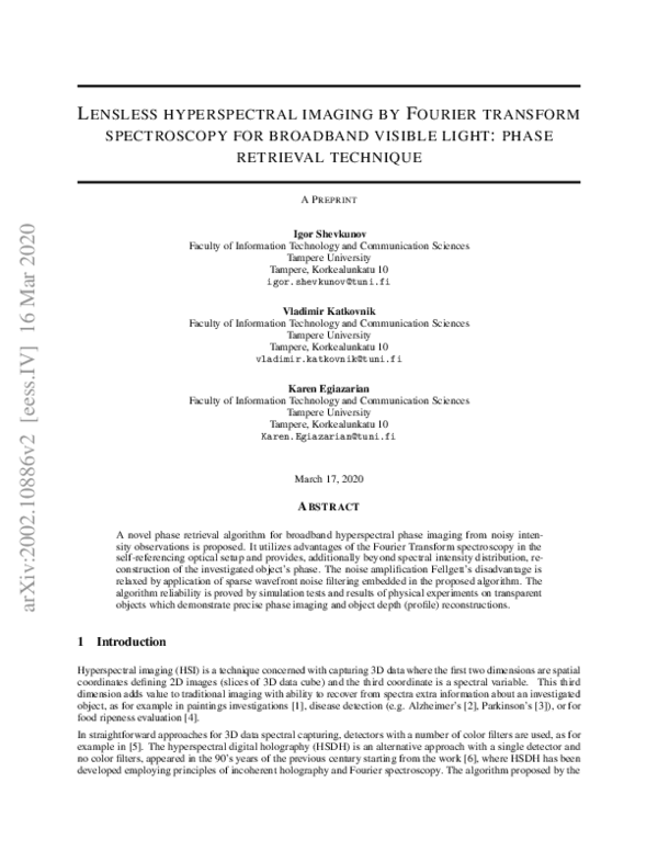 (PDF) Lensless hyperspectral phase imaging in a self-reference setup based on Fourier transform ...