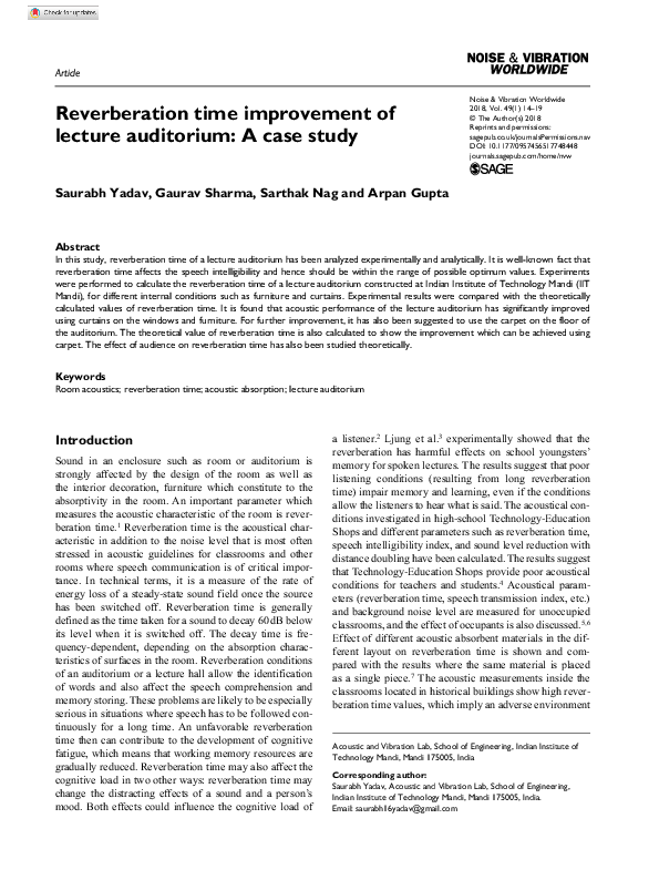 (PDF) Reverberation time improvement of lecture auditorium: A case study