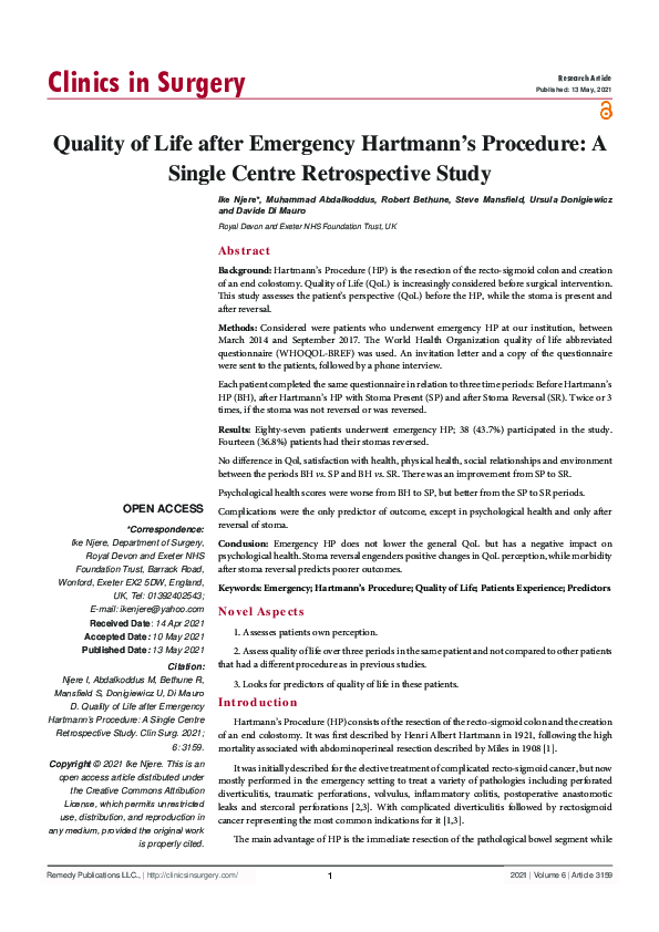 (PDF) Quality of Life after Emergency Hartmann’s Procedure: A Single ...