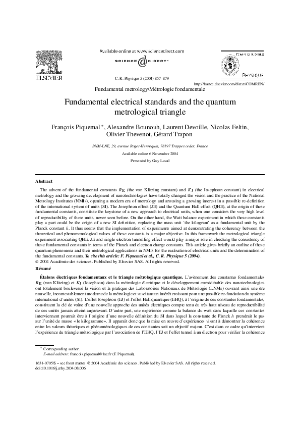 (PDF) Fundamental electrical standards and the quantum metrological ...