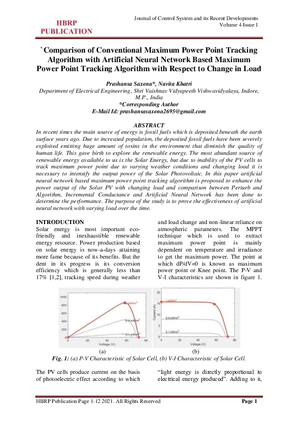 Pdf Comparison Of Conventional Maximum Power Point Tracking Algorithm With Artificial Neural