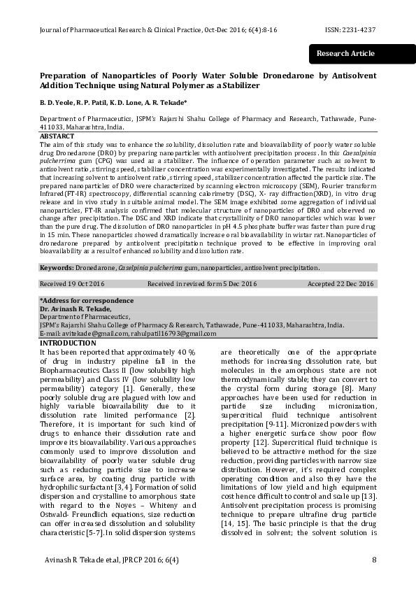 (PDF) Preparation of nanoparticles of poorly water soluble dronedarone ...