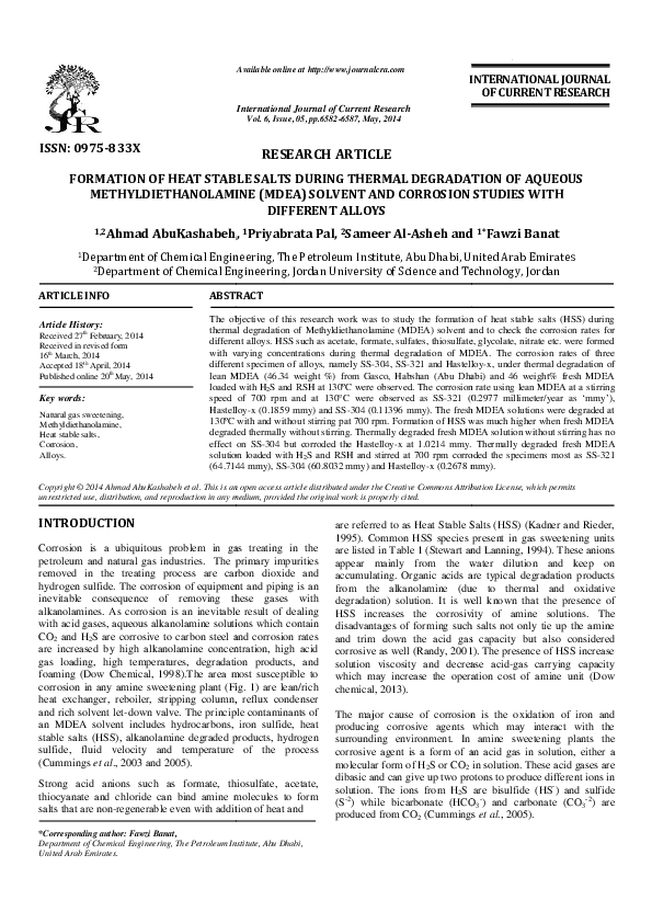 (PDF) Formation of Heat Stable Salts During Thermal Degradation of ...