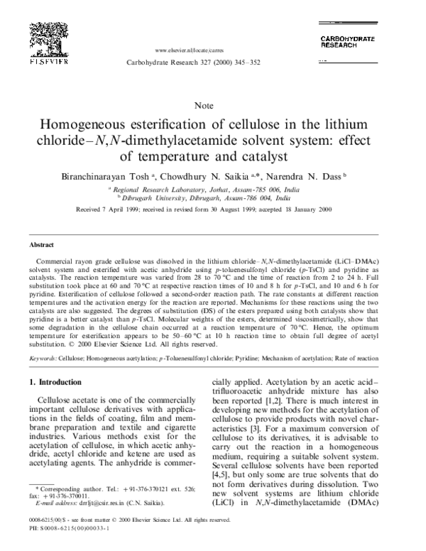 (PDF) Homogeneous esterification of cellulose in the lithium chloride–N ...