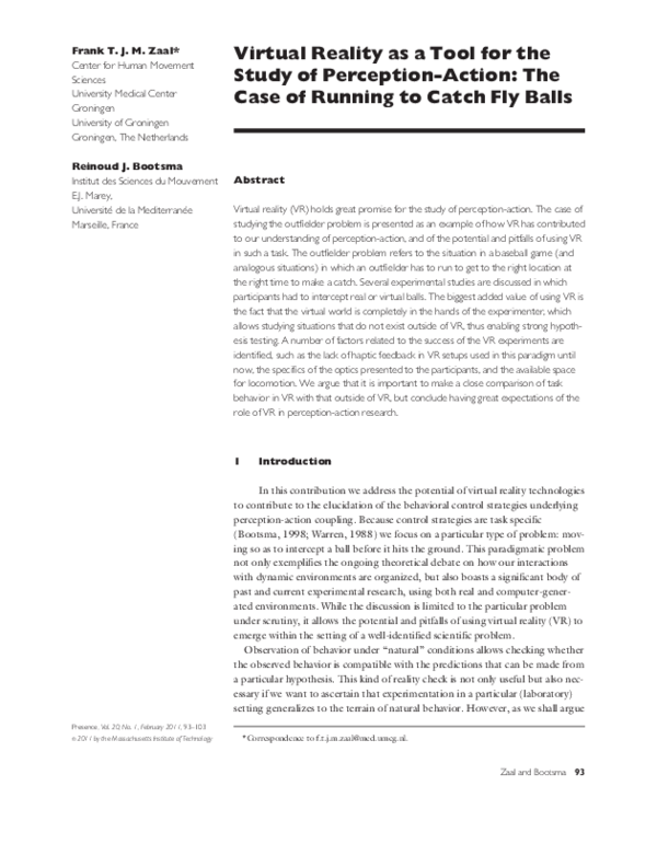 (PDF) Virtual Reality as a Tool for the Study of Perception-Action: The ...