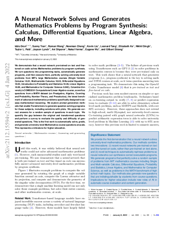 (PDF) A Neural Network Solves and Generates Mathematics Problems by ...